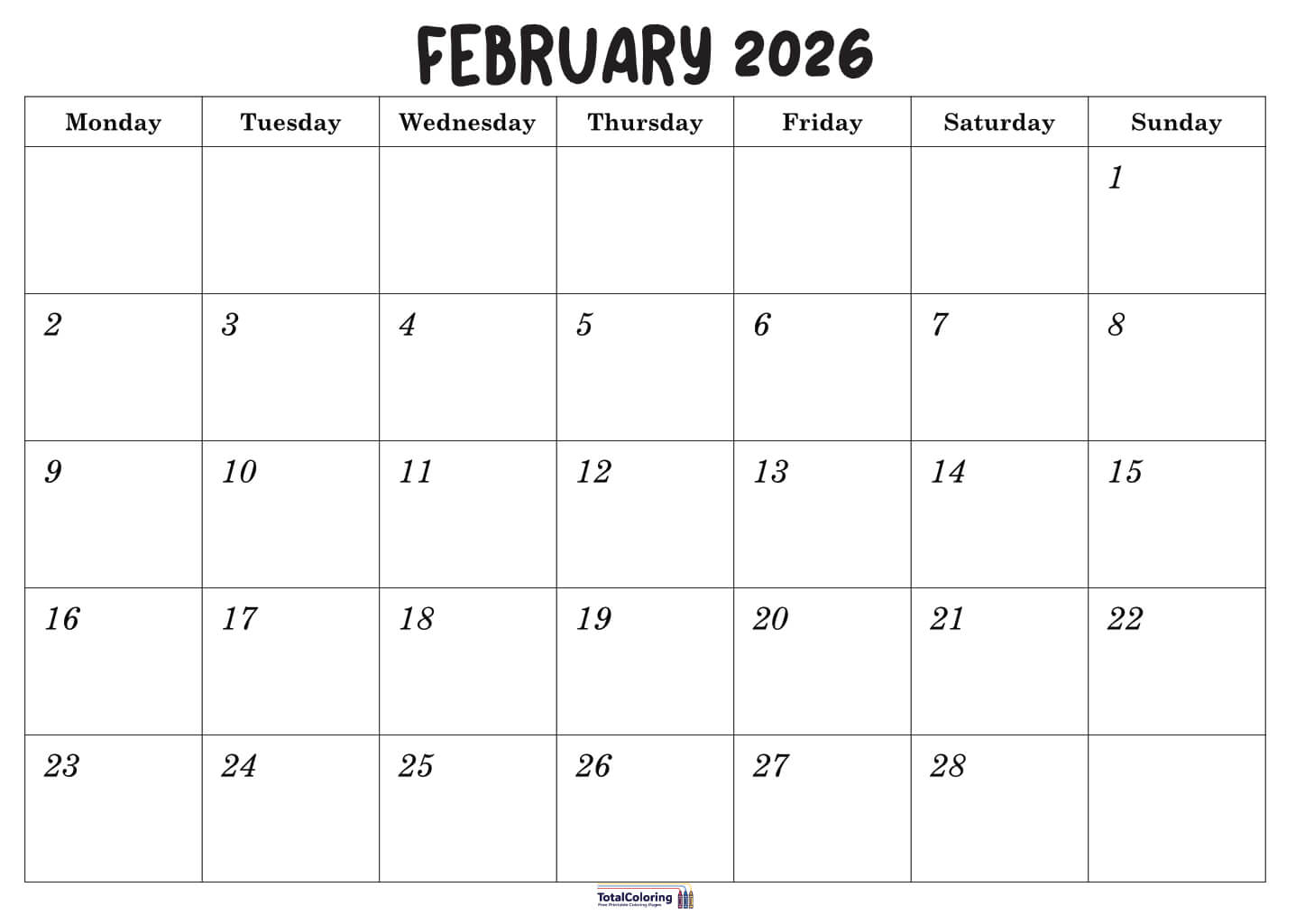 Printable February 2026 calendar - TotalColoring.com